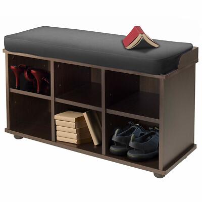 Brown Wooden Storage Bench Black Cushion Shoe Cubbies Entryway Mud Room ...
