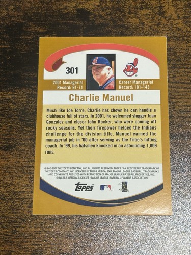 2002 Topps Charlie Manuel Card #301 Autograph Signed Phillies IP Auto ...