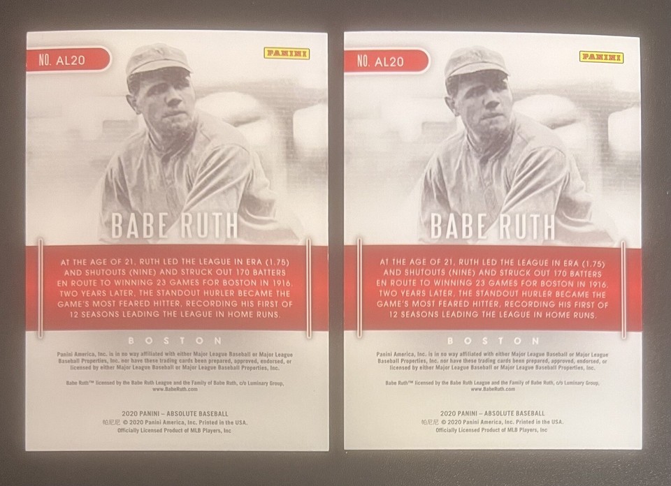(2) Babe Ruth 2020 Absolute Baseball Legends #AL20 Lot - Boston Red Sox ...