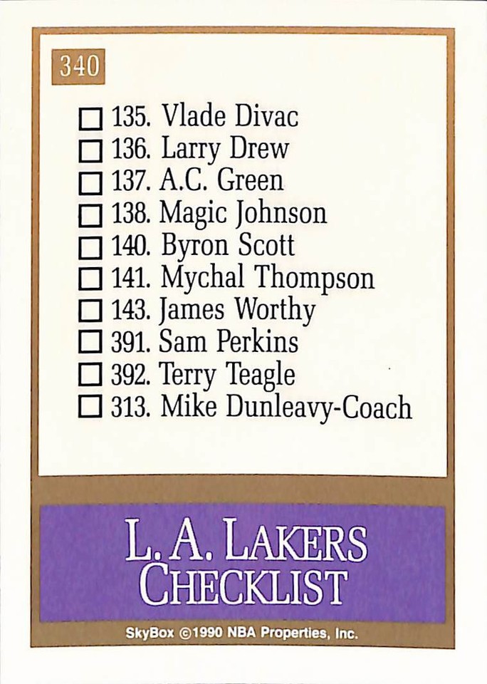 1990 SkyBox Los Angeles Lakers Team Checklist #340 Los Angeles Lakers ...