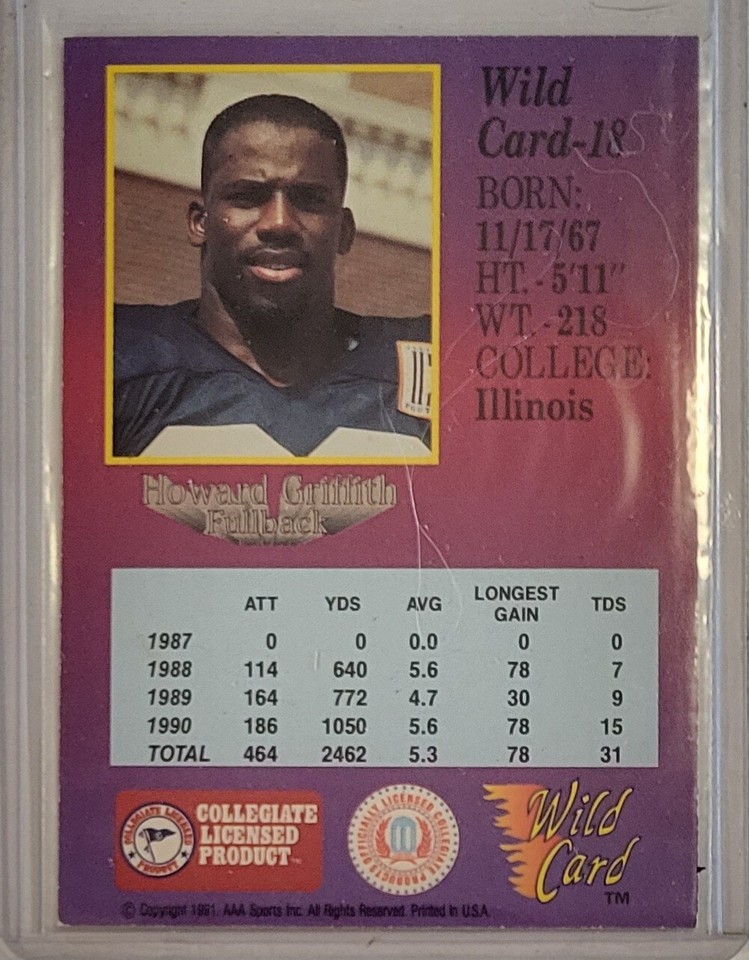 1991 Wild Card Draft #18 Howard Griffith Illinois Fighting Illini ...