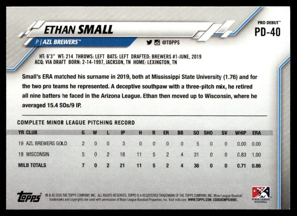 2020 Topps Pro Debut Ethan Small AZL Brewers #PD-40 | eBay
