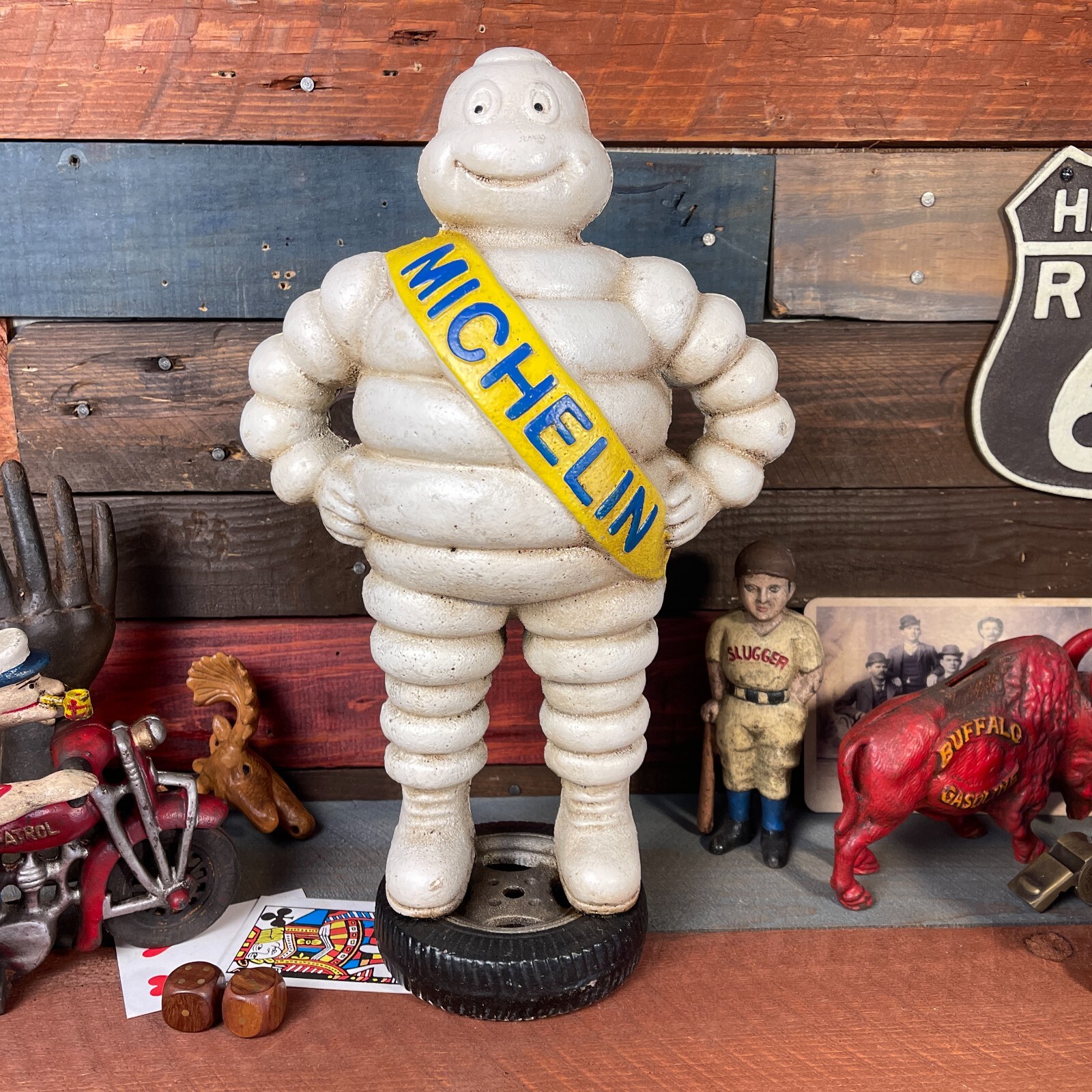 Michelin Tire Man Giant 16" Heavy Cast Iron Statue With Painted Antique ...