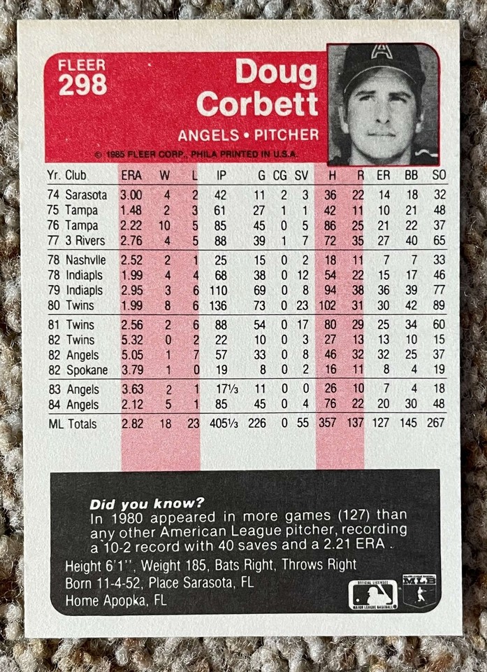 Doug Corbett signed 1985 Fleer - Angels | eBay