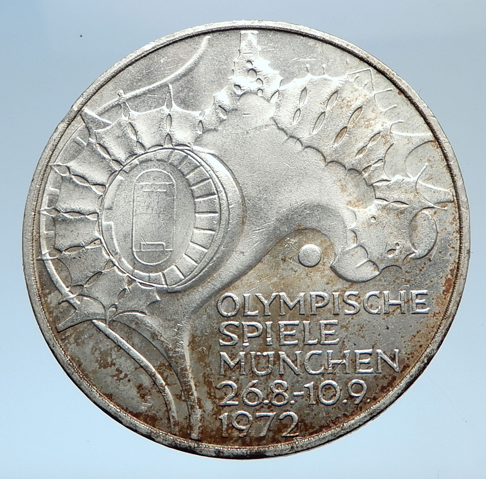 1972 Germany Munich Summer Olympic Games Stadium 10 Mark Silver Coin ...