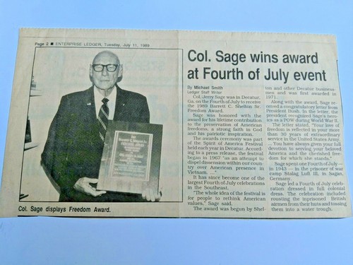 VINTAGE Newpaper Article COL Jerry Sage WW2 Hero POW Enterprise Ledger ...