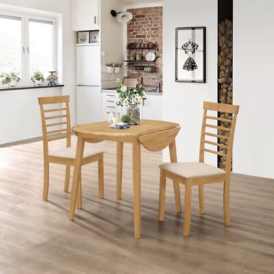 Small Solid Wooden Drop Leaf Round Dining Table and 2 Chairs Set in Oak ...
