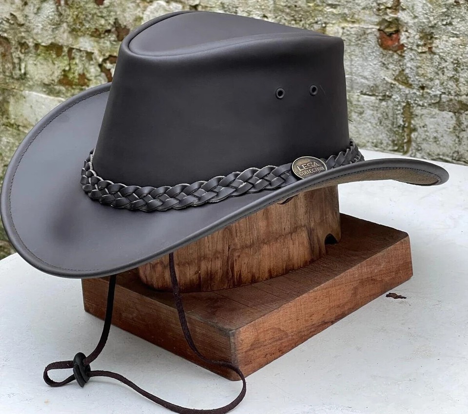 Genuine Leather Cowboy Outback Hat Western Aussie Style Hat Black With ...