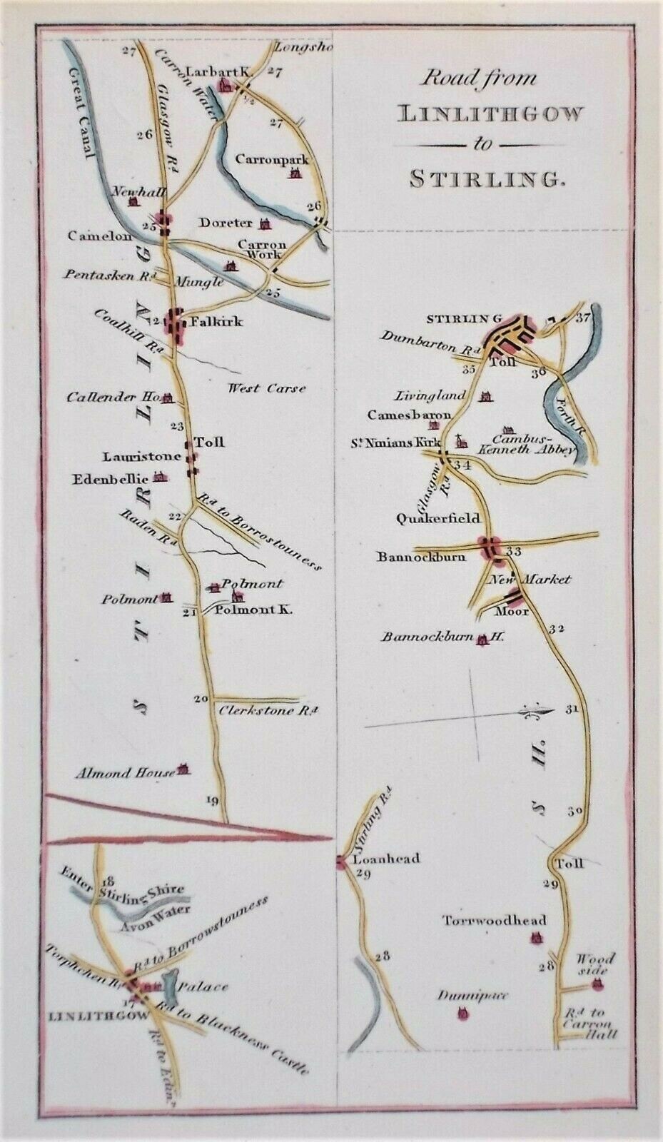 OLD ANTIQUE ROAD MAP LINLITHGOW to STIRLING c1824 SCOTLAND by J THOMSON ...