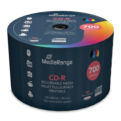 MediaRange 50 CD-R Inkjet Fullsurface Printable 700MB 80 Min 52X Shrink ...