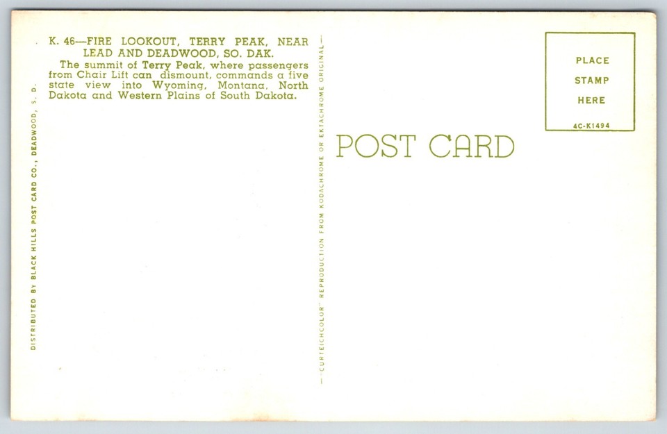 Postcard Fire Lookout Terry Peak Near Lead And Deadwood South Dakota ...