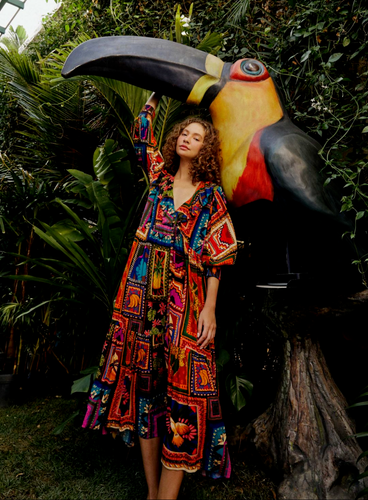 Farm Rio Patchwork Tapestry Ankle Dress M Ruffle Neck Tiered Red Maxi ...