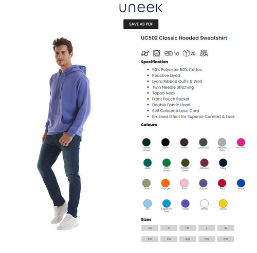 Uneek UC502 Classic Hooded Sweatshirt Casual Pullover Thick Sports ...