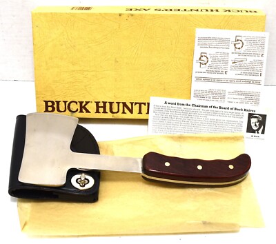 Vintage 1990 Buck 106 Rosewood Hatchet Axe w/ Sheath, Box & box inserts ...