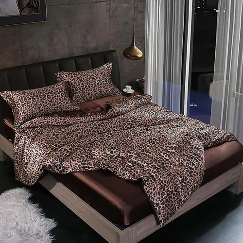 Satin Silk Leopard Bedding Set Silk Sheets Full Set Cheetah 4Pcs Duvet ...