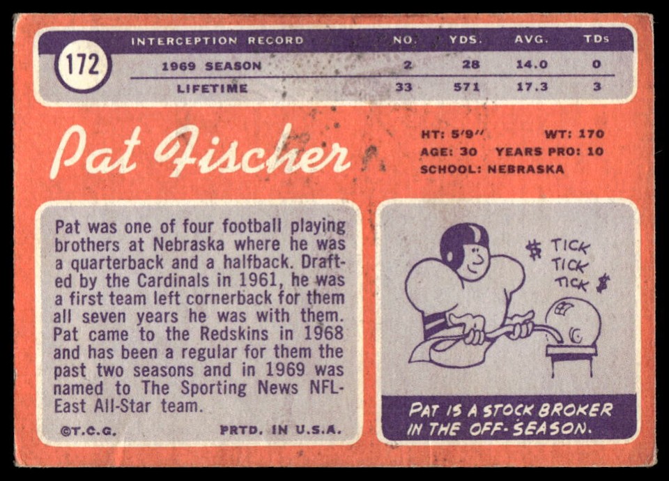 1970 Topps #172 Pat Fischer Washington Redskins | eBay
