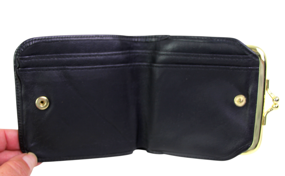 VTG BLACK GENUINE LEATHER KISS LOCK ID CARD COIN HOLDER BILL SMALL ...