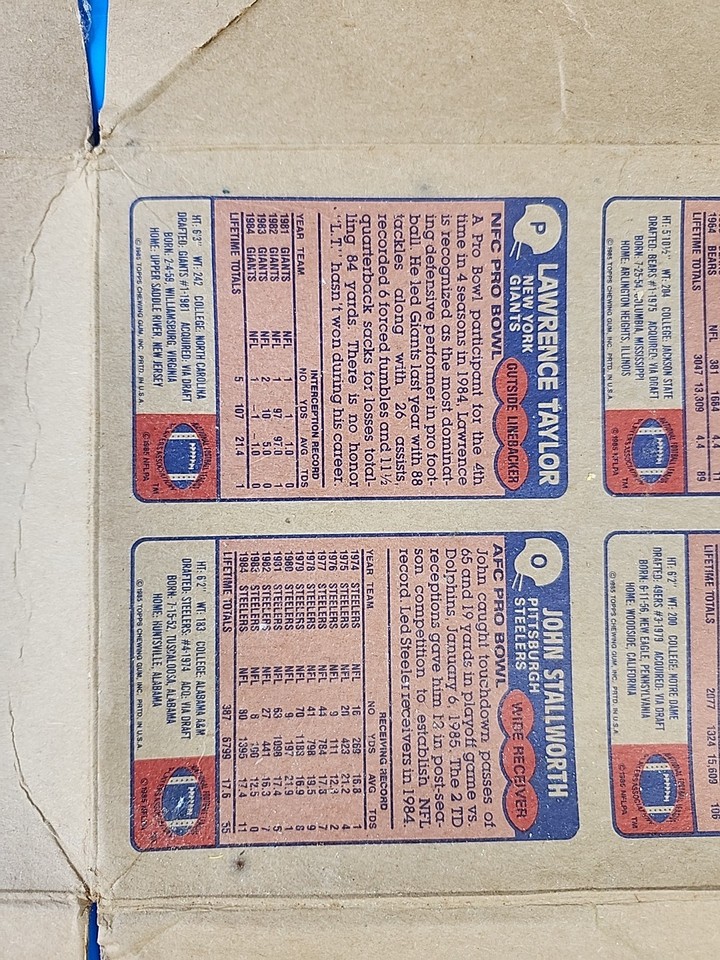 EMPTY 1985 TOPPS WAX PACK DISPLAY BOX LAWRENCE TAYLOR ROOKIE BOTTOM ...