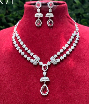 New Design Silver Plated American Diamond Double Line Necklace Set For ...