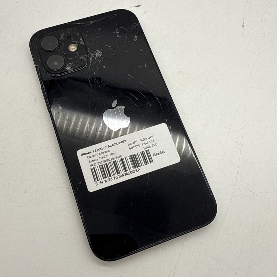 Apple iPhone 12 64GB Black (Unlocked) Working - Cracked Back Glass (GT8 ...