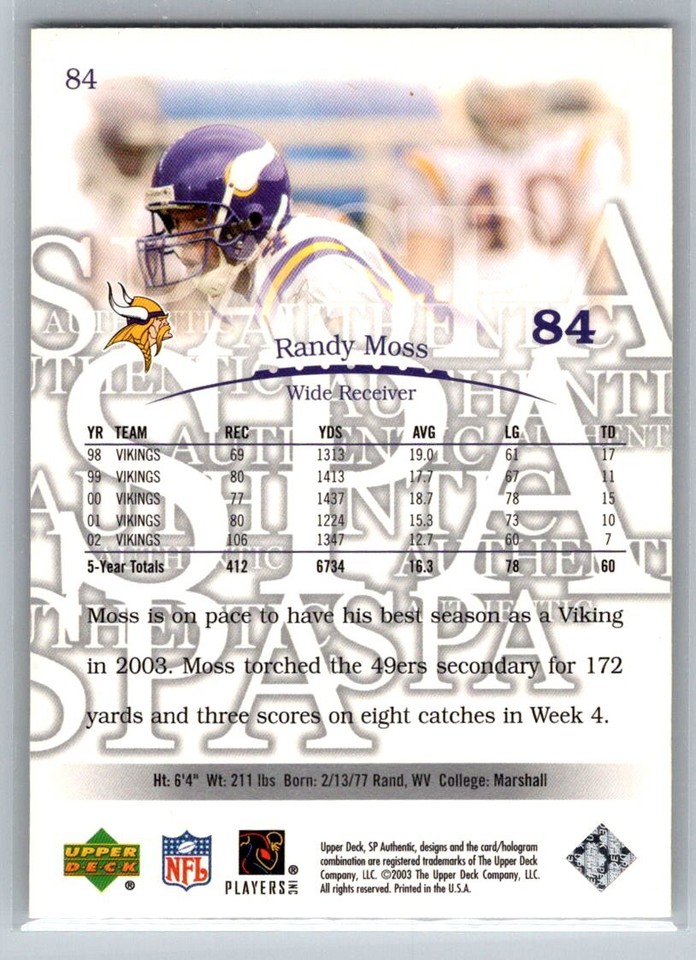 2003 UD SP Authentic #84 Randy Moss | eBay
