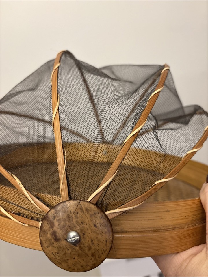 Vintage Bamboo Tent Picnic Basket Tray with Foldable Net Mesh Cover ...