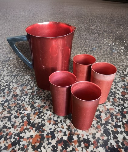 Vintage Bascal Red Aluminum Pitcher & 4 Matching Tumblers/Cups Ready ...