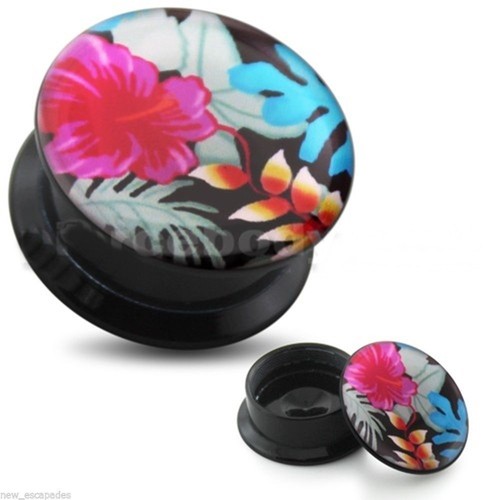 PAIR-Hibiscus Screw On Stash Acrylic Flare Ear Plugs 18mm/11/16" Gauge ...