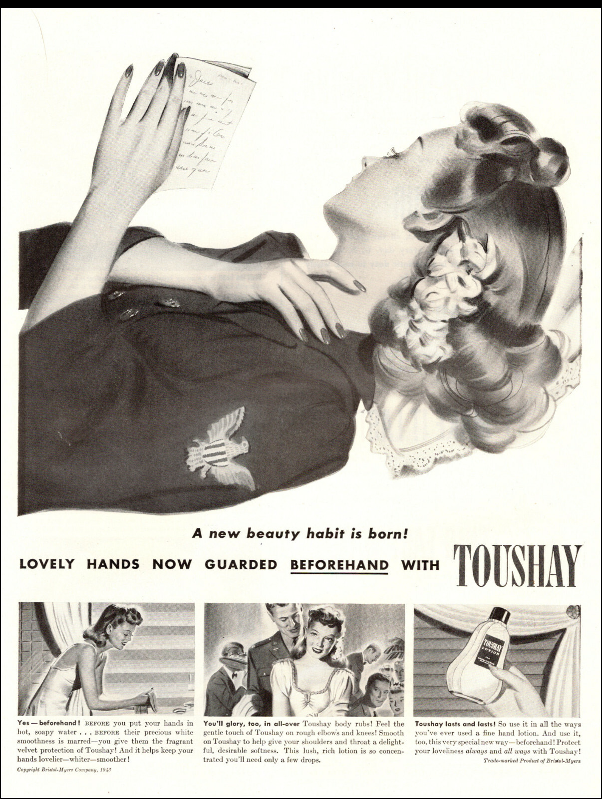 1943 WW2 era AD for TOUSHAY Hand Lotion, Art pretty service woman reads ...