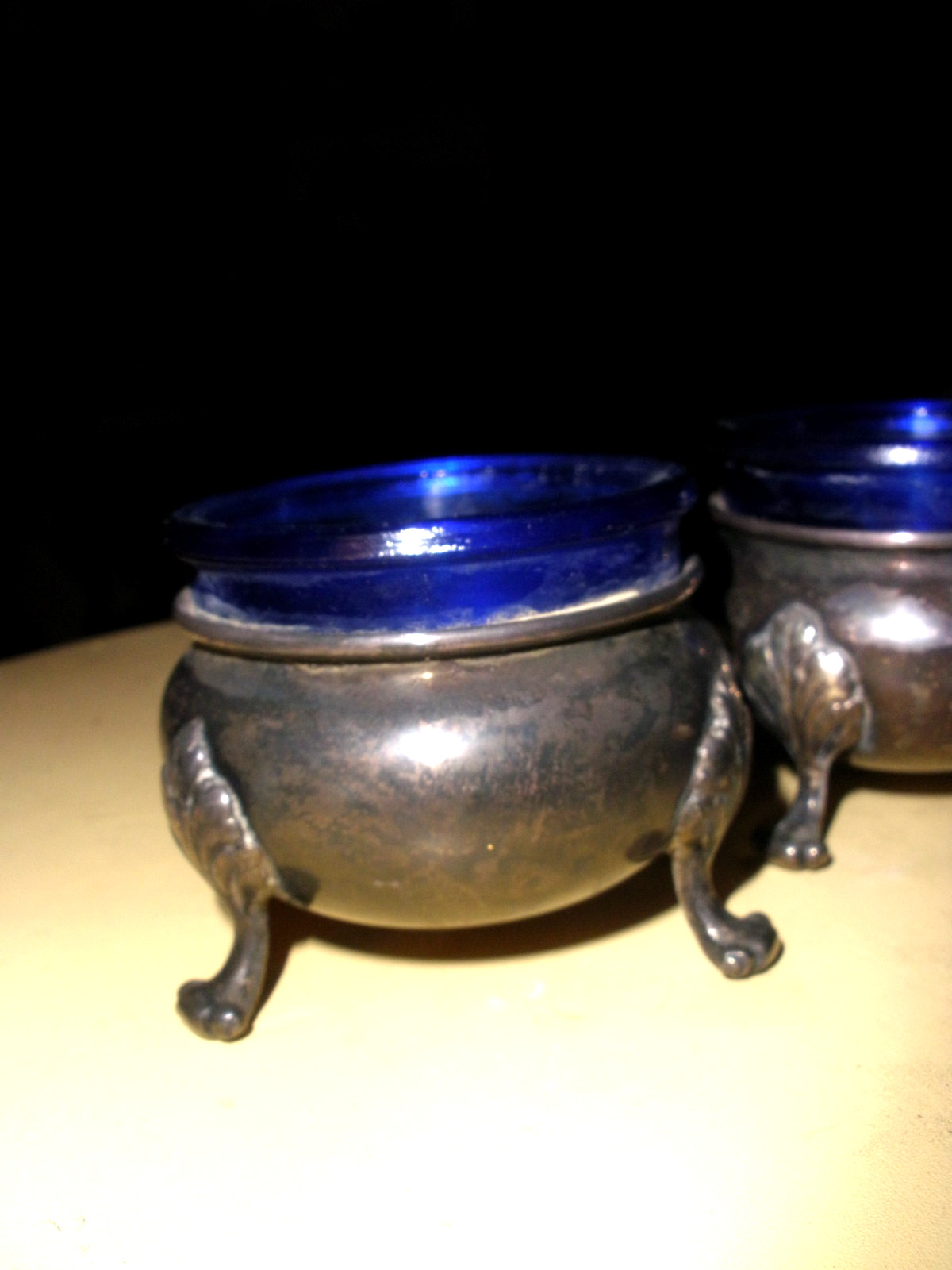 Set of 2 RWM ANTIQUE STERLING SILVER OPEN SALT CELLARS WITH COBALT INSERTS