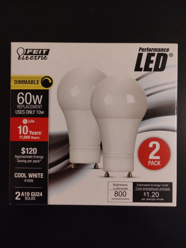 2 Pack - Feit Electric A19 GU24 2 PIN LED Dimmable 800 Lumens 10W/60W ...