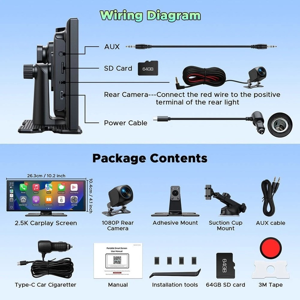 11.26" Car Dash Cam Portable Wireless CarPlay Android Auto Touch Screen ...