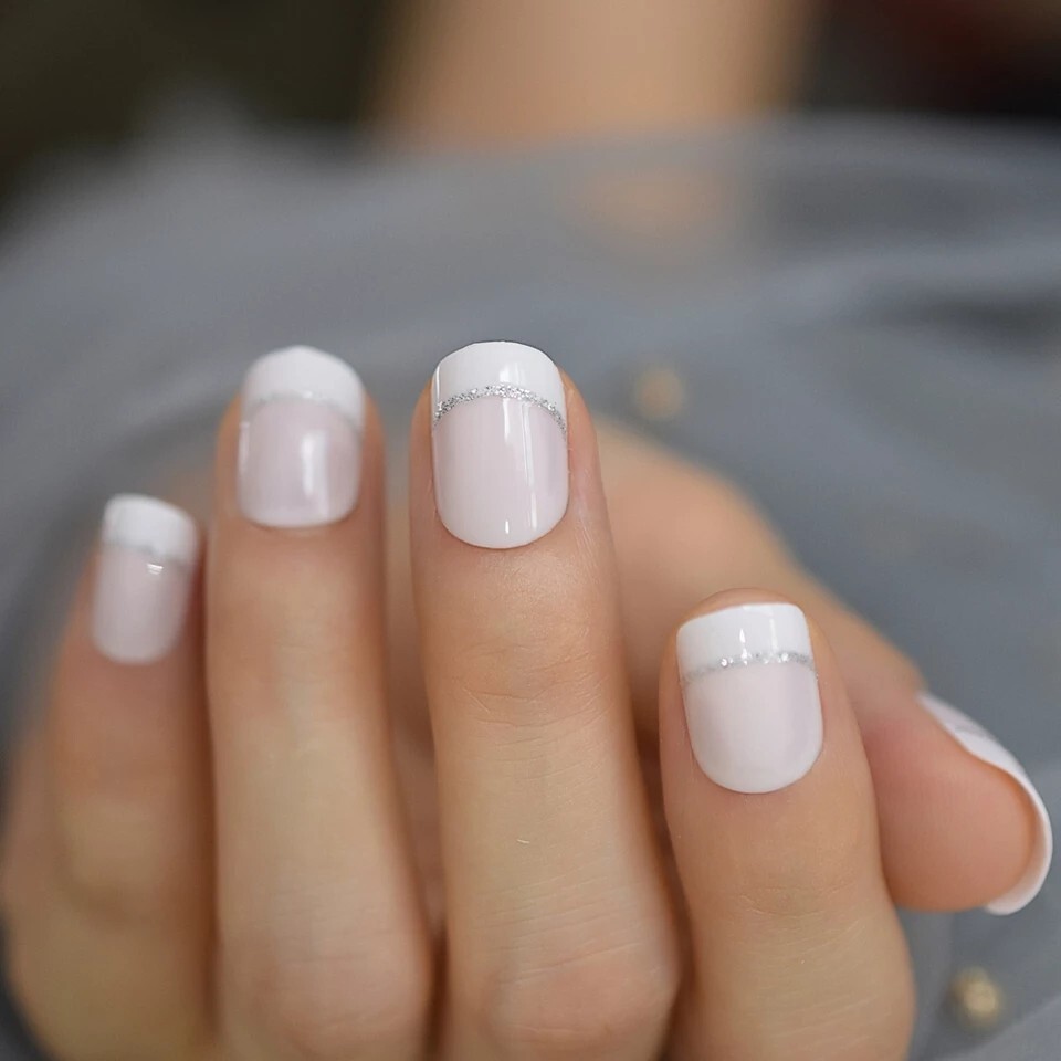 24 Short Silver glitter line French mani tip Press on nails set with ...