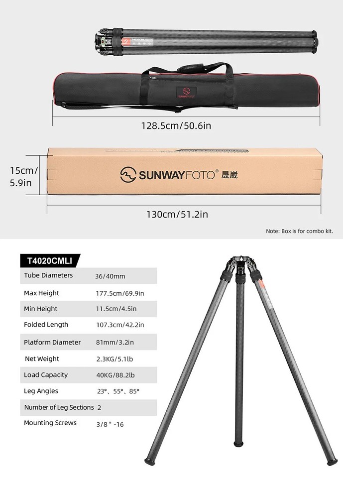 SUNWAYFOTO T4020CMLI 2 Section Inverted Leg Carbon Fiber Hunting Tripod ...