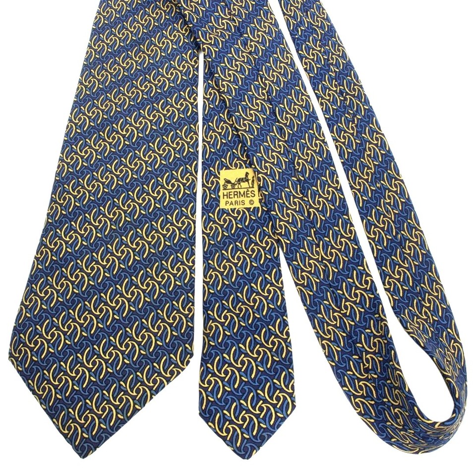 HERMES Silk Tie Multi-color (navy blue, blue, yellow) Animal Print Made ...