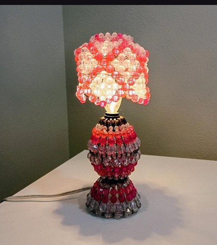 Vintage Boho Retro Handmade Safety Pin Pink & White Bead Lamp w/ Shade ...