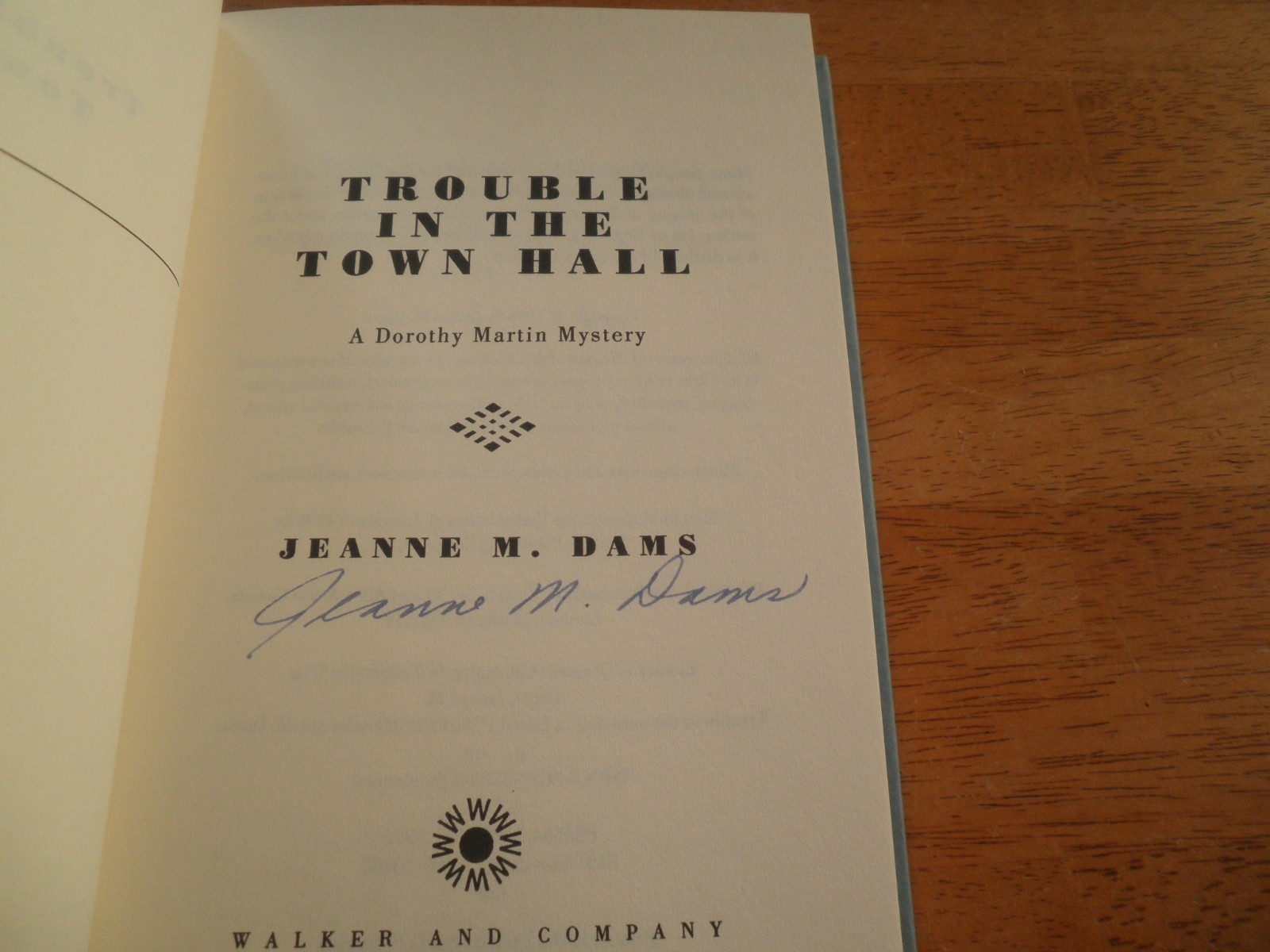 Jeanne M Dams Trouble in the Town Hall mystery 1st edition signed ...