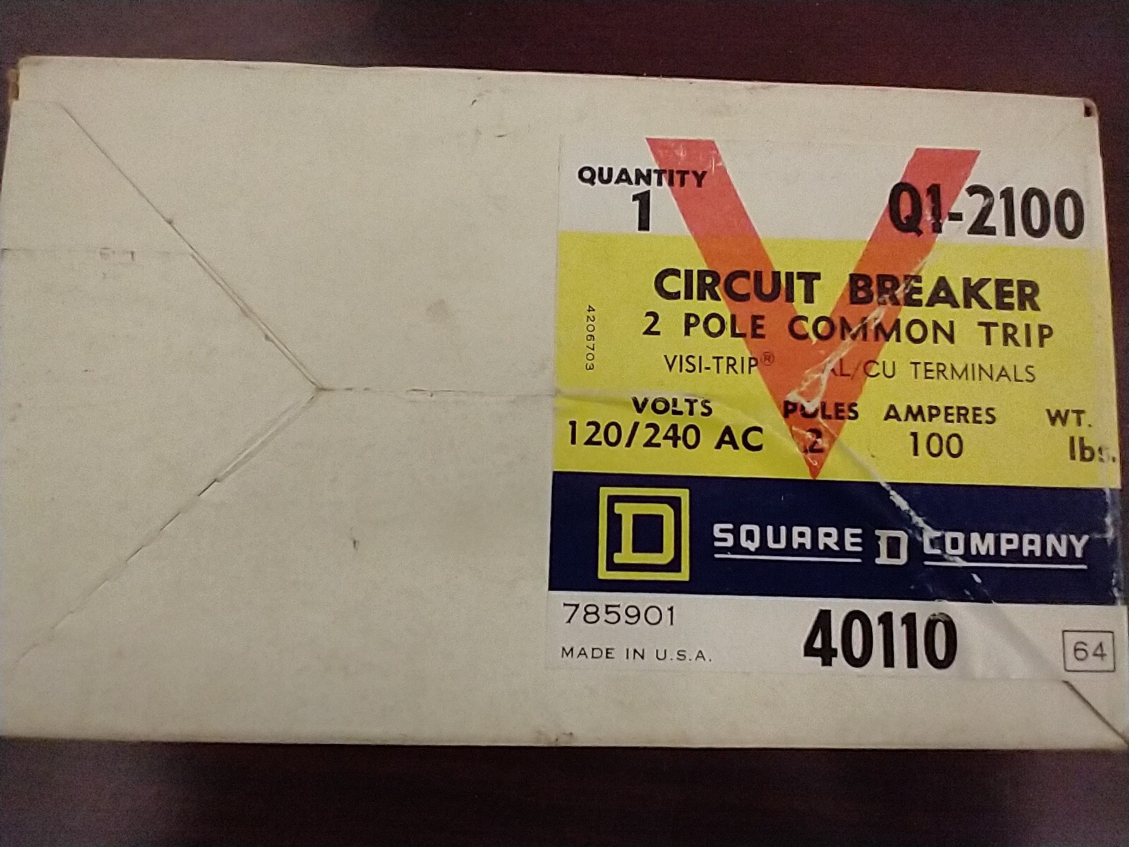 SQUARE D 100 Amp 240AC 2 Pole 100A Type Q1 Main CIRCUIT BREAKER NIB Q1 ...