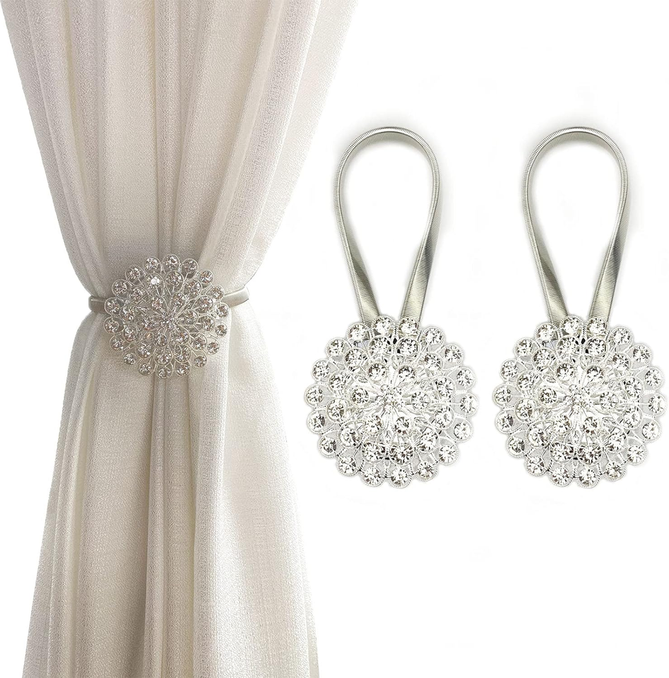 Magnetic Tiebacks for Curtains, 2 Pack Sparkling Crystal Flower Curtain ...
