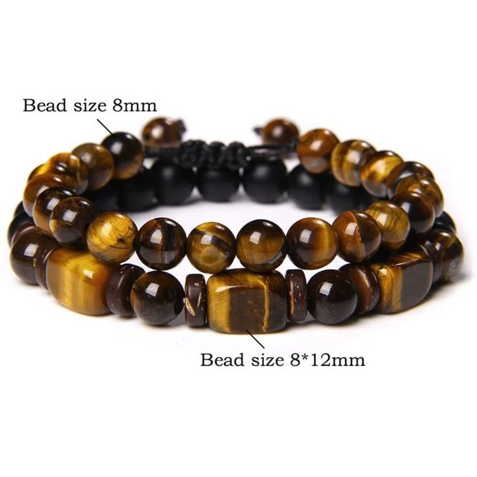 Men's Double Row Brown Tiger's Eye Healing Natural Stone Beaded ...