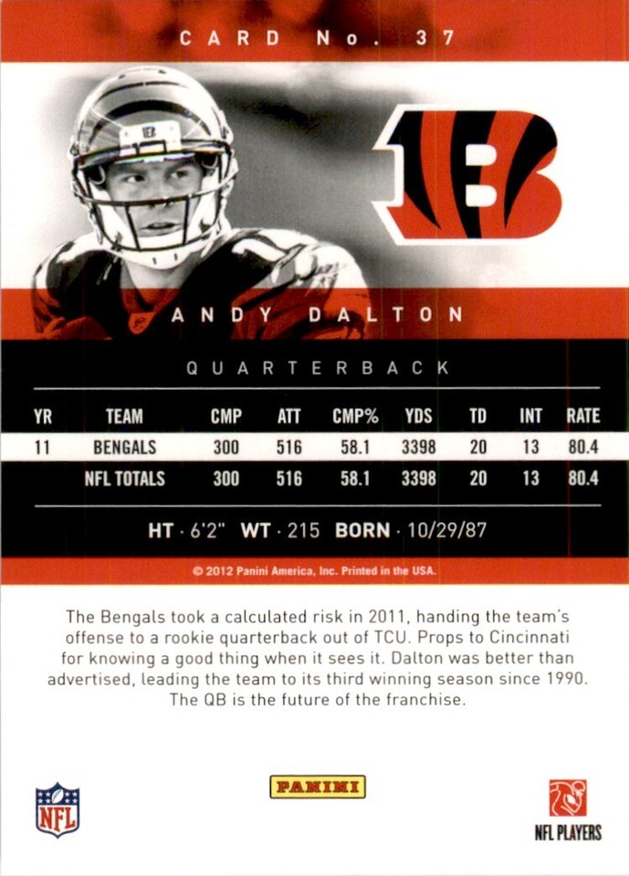 2012 Panini Prestige Andy Dalton Cincinnati Bengals #37 NFL Football ...