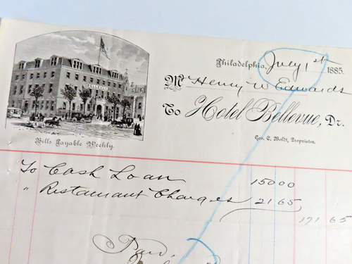 Vintage 1885 Bill Head/Receipt*HOTEL BELLEVUE*Philadelphia, PA*vignette ...