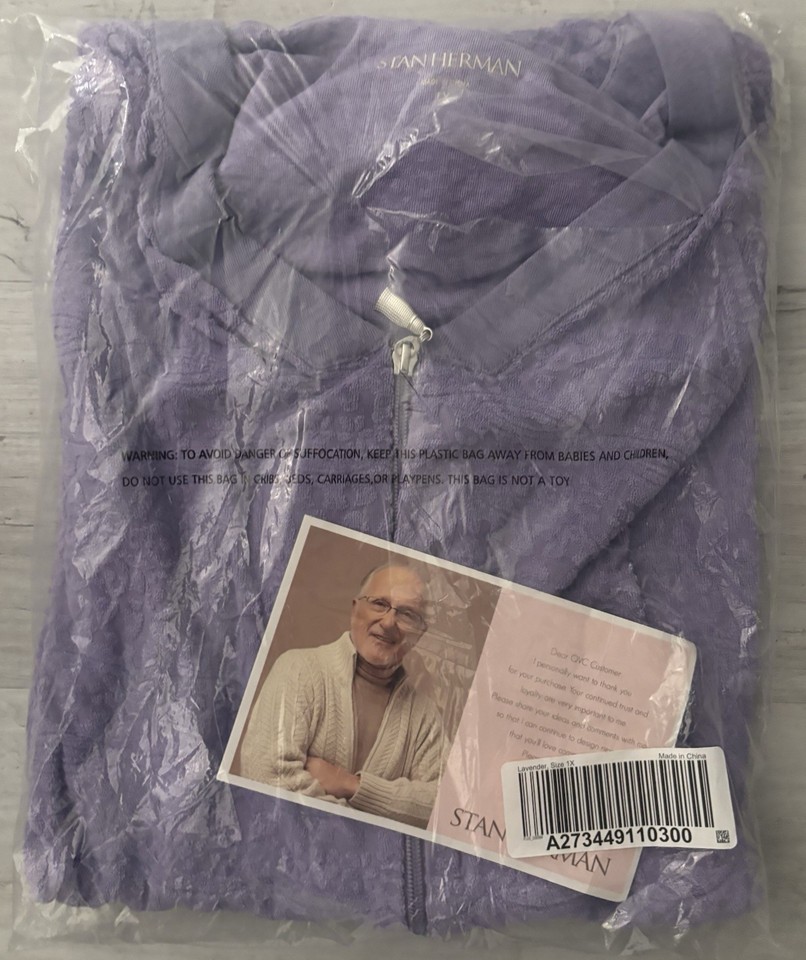 Stan Herman Women's Lavender Terry Robe Zip Front Size 1X Loungewear ...