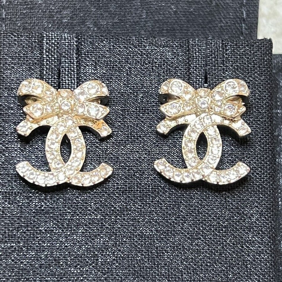 Authentic Chanel 2023 CC Logos RHINESTONES Bow Stud Gold Tone Earrings ...