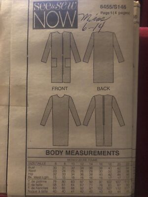 Butterick Sewing 6455 Pattern Misses Loose Fitting Coat & Dress No ...