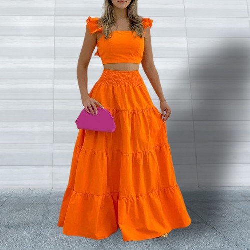 2 Pcs/set Women Tank Top Skirt Suit Backless Ruffle Elastic Waist Tops ...