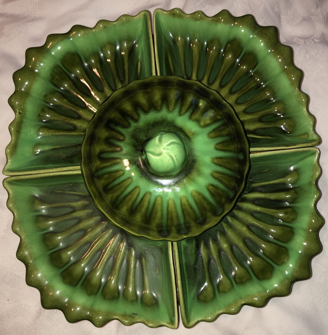 Vtg USA California Pottery Green Deforest Chip/Dip Relish Platter Lazy ...