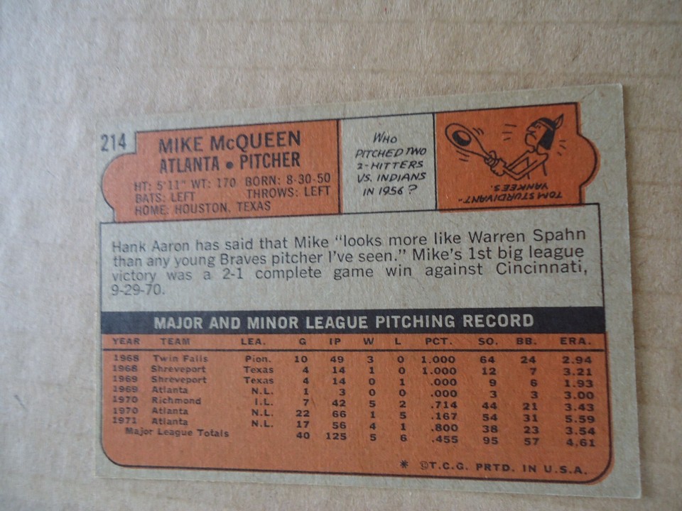Mike McQueen - 1972 Topps Autographed Baseball card #214 - Atlanta ...