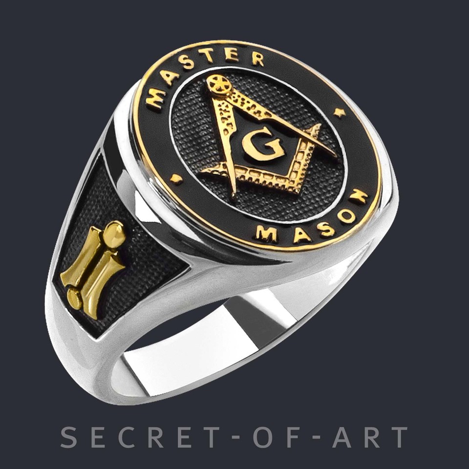 Masonic Ring Master Mason Signet Freemason Masonry 925 Silver 18K-Gold ...
