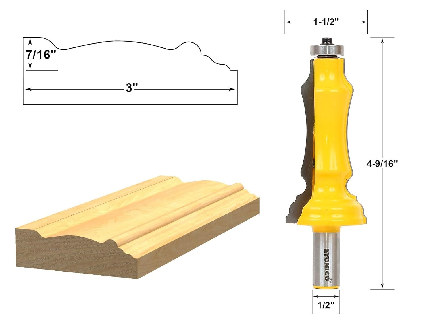 Yonico 16124 3-Inch Door & Window Casing Router Bit 1/2-Inch Shank ...
